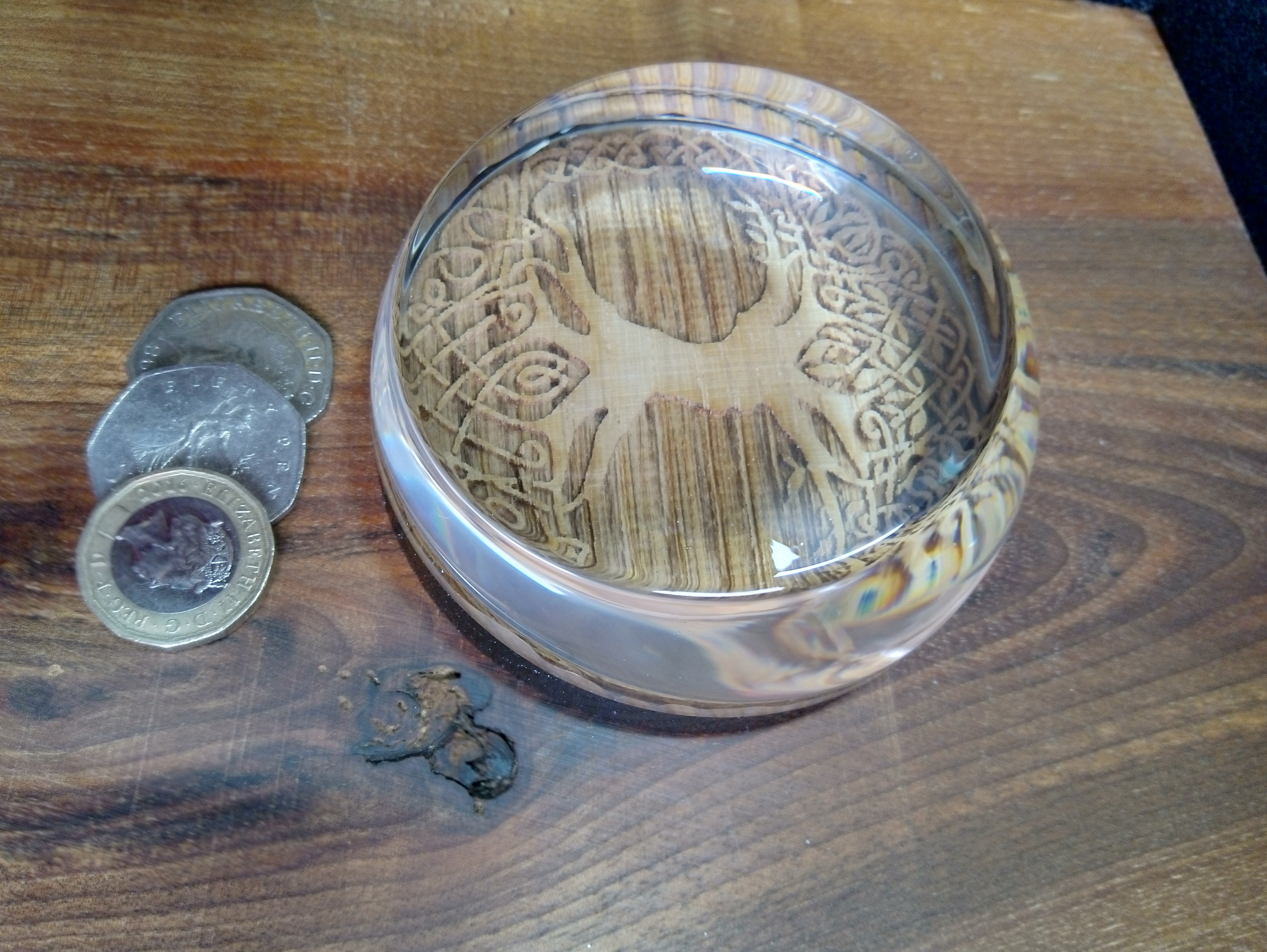 Tree of Life Paperweight engraved oak and glass | Hide N Teak